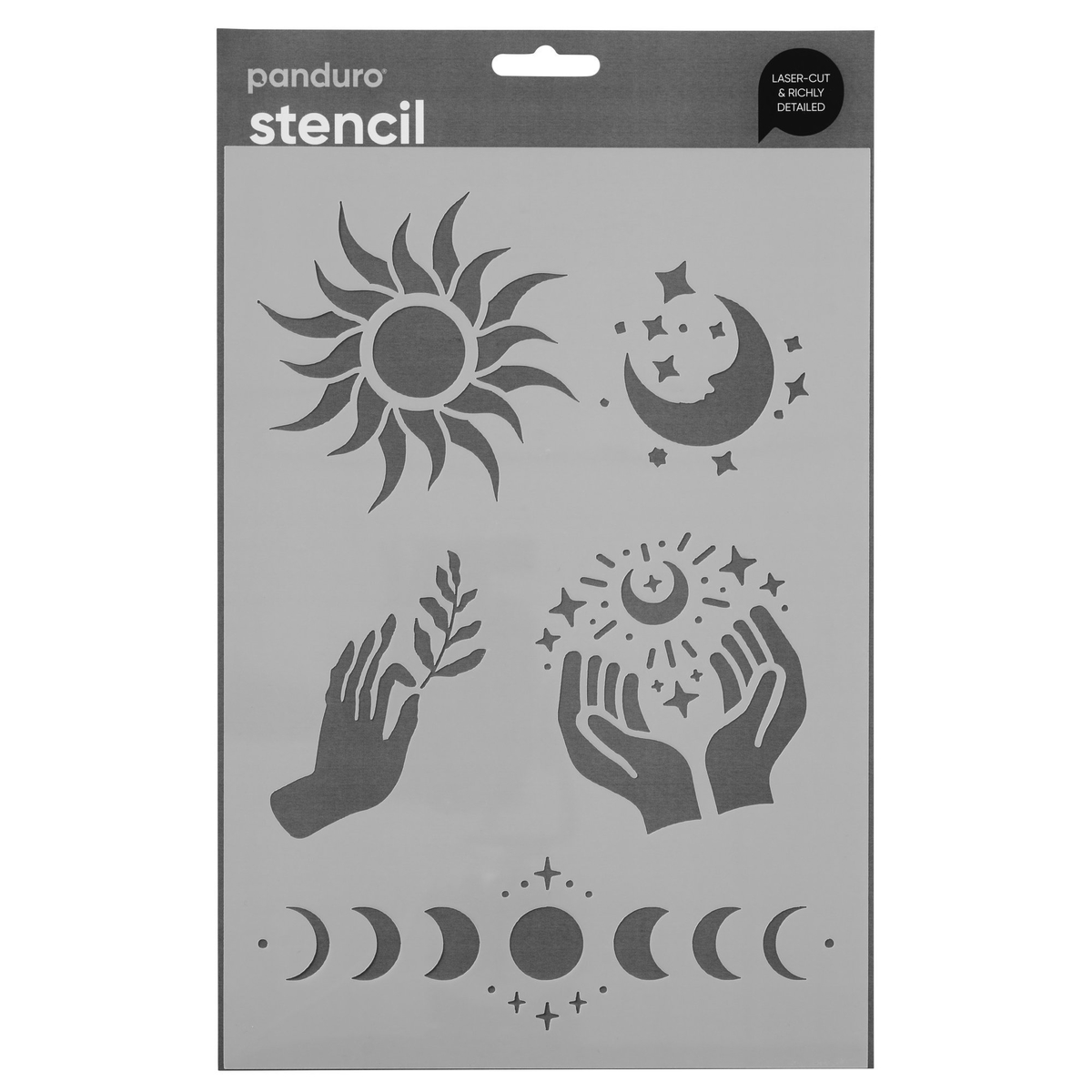 Skabelon A4, stencil med sol, måne og spirituelle motiver | Panduro ...